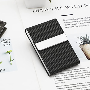 MaxGear Business Card Holder, PU Leather Business Card Case Pocket Card Holders for Men or Women, Metal Slim Name Card Holder RFID Blocking Business Card Carrier with Magnetic Closure, Black Carbon