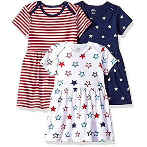 Amazon Essentials Baby Girls' Short-Sleeve Cotton Dress, Pack of 3, Navy Stars/Red Stripe/White Stars, 18 Months