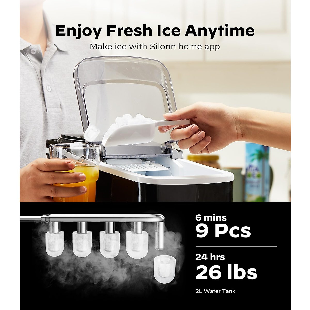Silonn Smart Countertop Ice Maker - Compact Ice Maker with App Control, 9 Cubes in 6 Mins, 26 lbs per Day, 2 Ice Cube Sizes, Portable Ice Maker with Self-Cleaning for Kitchen/Office