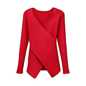 Women's V-Neck Wrap Slim Sweater Criss Cross Wrap Long Sleeve Pullover Tops Asymmetric Hem Knitted Crop Solid Pullover (Red,Large)