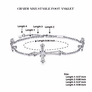 Cross Ankle Bracelet For Women, 925 Sterling Silver Charm Adjustable Foot Anklet, Large Cross Bracelet (One Cubic Zirconia Diamond Cross)