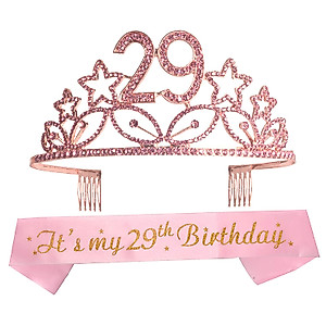 MEANT2TOBE 29th Birthday Sash and Tiara for Women - Fabulous Set: Glitter Sash + Stars Rhinestone Pink Premium Metal Tiara for Women, 29th Birthday Gifts for 29th Birthday Party