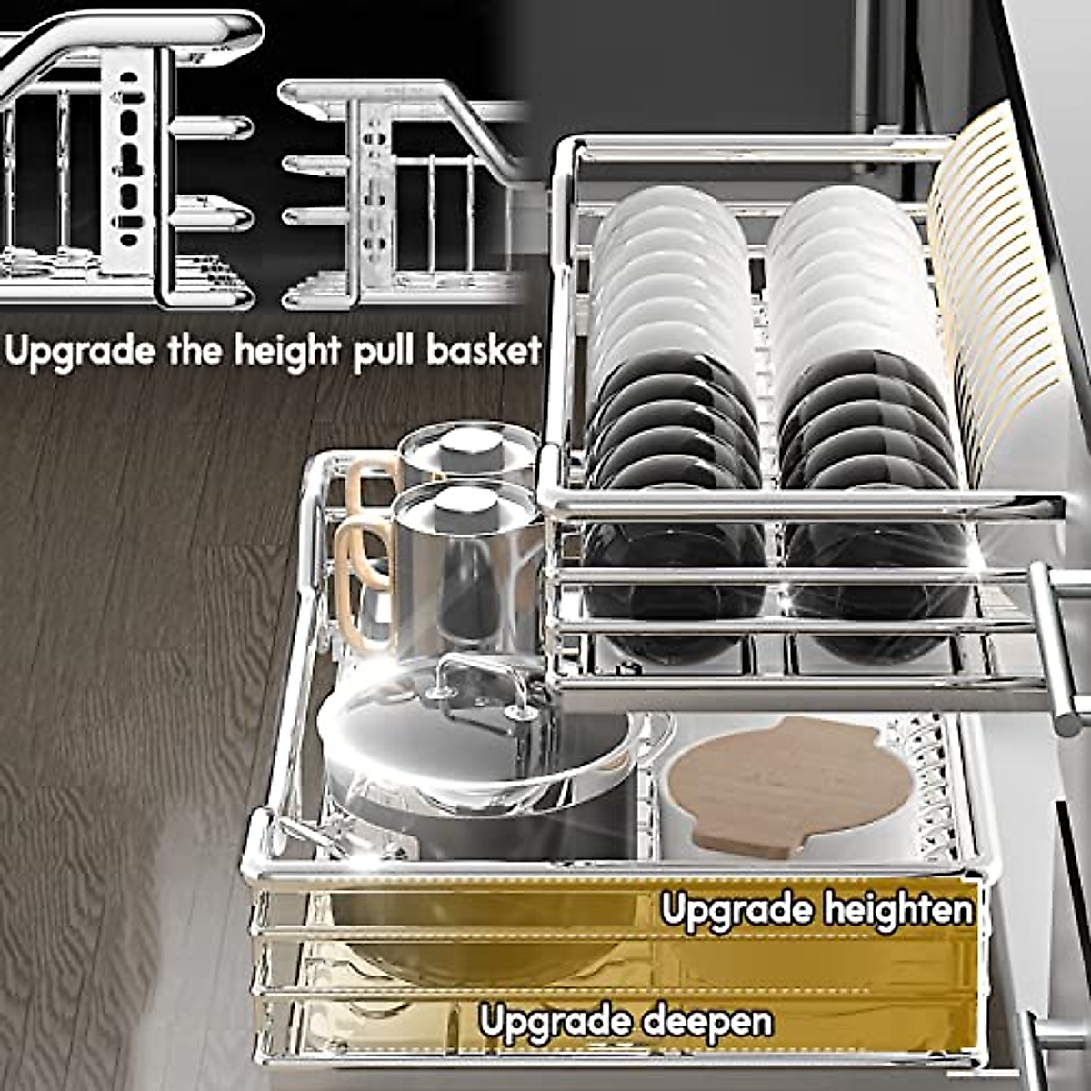 2 Tier Cabinet Pull Out Shelves 304 Stainless Steel Wire Basket Sliding Drawer for Cabinet Storage Shelves Heavy Duty Slide Out Pan Lid Cookware Organizer for Kitchen Cupboard Pantry (74(W)*46(D)*14(
