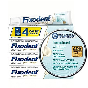 Fixodent Pure Strength Secure Denture Adhesive Cream for Full and Partial Denture Wearers, 2.4oz (Pack of 4)