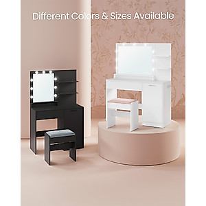 VASAGLE Vanity Desk with Mirror and Lights, 43.3-Inch Wide Makeup Vanity with Upholstered Vanity Stool, Power Outlets, Dimmable LED Lights, Storage Drawer, for Bedroom, Cloud White URDT628W01