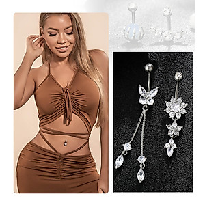 Shakalaka 9pcs Surgical Steel Belly Button Ring for Women Belly Piercing Dangling Cute Heart Butterfly Navel Rings Pack Silver Color