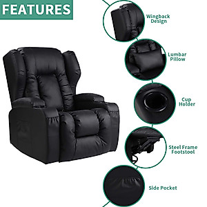 URRED Nursery Rocking Chair Glider, Swivel Rocker Recliner Chairs, Glider Rocker Nursery Recliner with Cup Holders, Side Pockets, Manual Recliner, Faux Leather (Black)