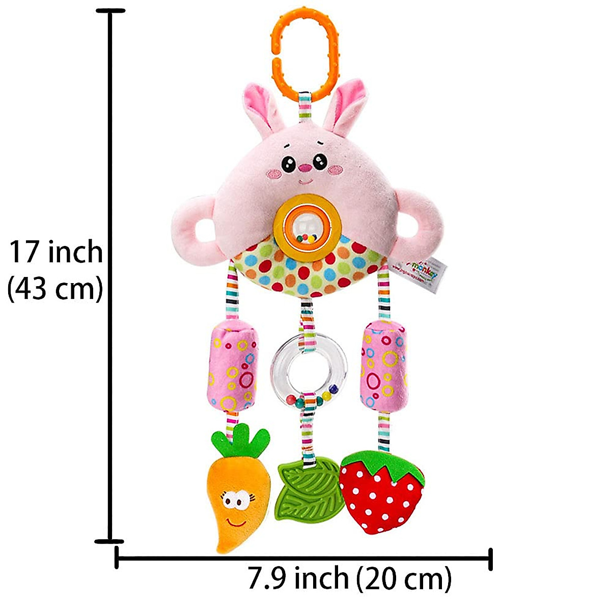 D-KINGCHY Baby Car Seat Stroller Toys Hanging Animal Plush Toys Soft Teething Rattle Toys Newborn Crib Bed Around Stuffed Toy with Wind Bell, Teether, Rattle Sound, Ring for 0-3 Years Old (Rabbit)