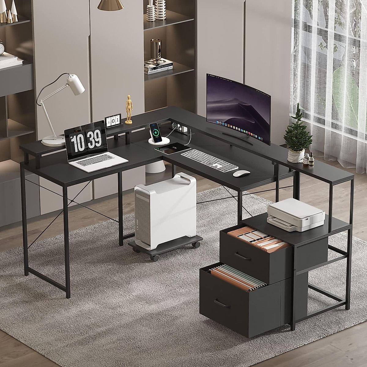 WASAGUN L Shaped Desk with 2 Fabric Drawers, Power Outlet & USB Ports, Corner Gaming Desk with LED Light, Reversible Computer Desk with Monitor Stand & Hook, Home Office Work Desk, Black