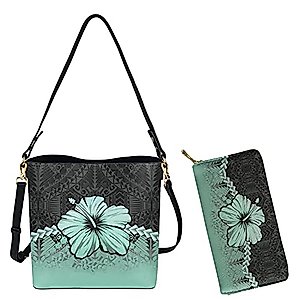 FKELYI Leather Hobo Bags Women Hawaiian Floral with Polynesian Bucket Shoulder Crossbody Bags for Ladies Girls Handbags with Wallet Set