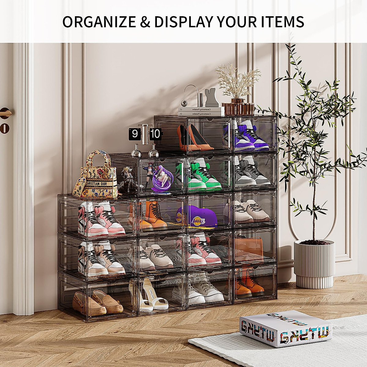 Upgraded Thickened Sturdy Large Shoe Boxes Clear Plastic Stackable 8 Pack Shoe Storage Organizer for Closet/Entryway, Drop front Shoe Box with Magnetic Door, Shoe Display Case, Fit up to US size 14