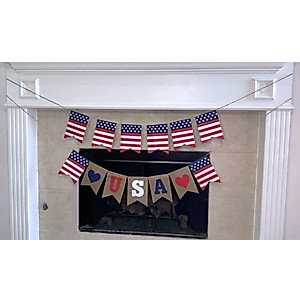Shimmer Anna Shine USA American Flag Patriotic Burlap Banner for 4th of July Decorations Red White and Blue Memorial Day Decor (USA Flags)
