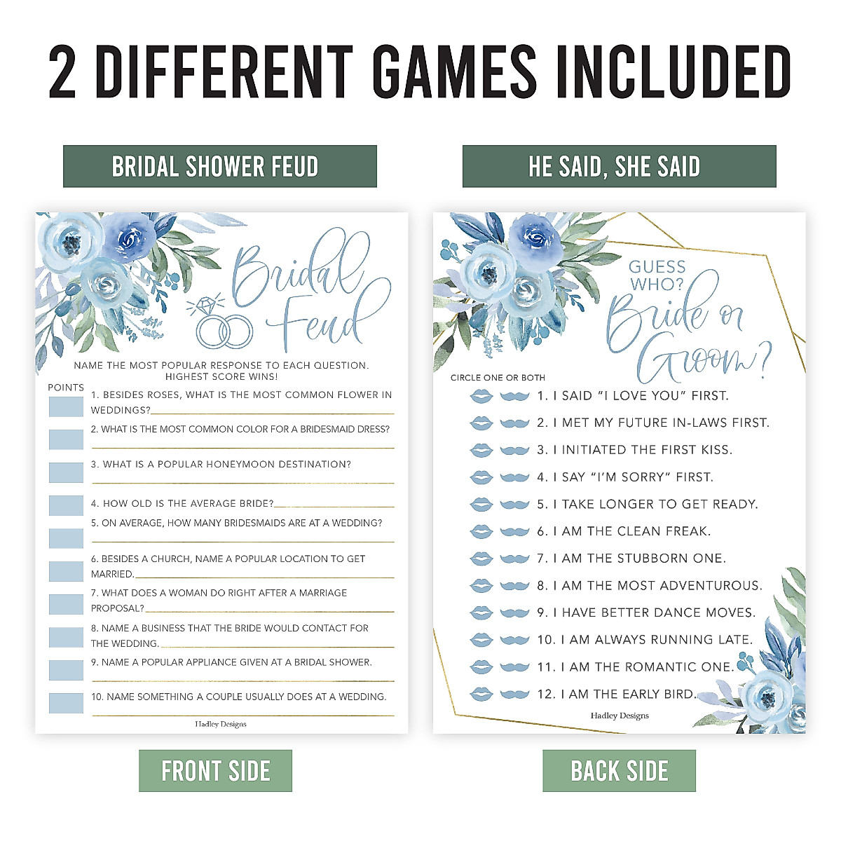 Hadley Designs 20 Floral Hilarious Bridal Shower Games For 20 Guests - Couples Wedding Shower Games, Bridal Games, He Said She Said Bridal Shower Games, Bridal Shower Family Feud Game