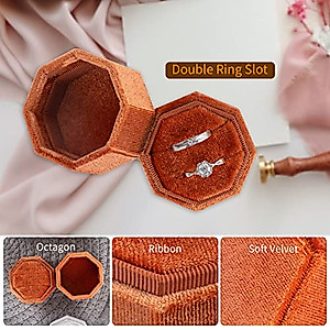 Smileshe Ring Box, Velvet Jewelry Boxes for Proposal Engagement Wedding Ceremony,Octagon Mini Double Ring Slot Bearer Case with Detachable Lid