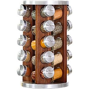 Orii 20 Jar Dark Acacia Wood Spice Rack with Spices Included - Rotating Tower Organizer for Kitchen Spices and Seasonings, Free Spice Refills for 5 Years (Dark Stained Acacia Wood)