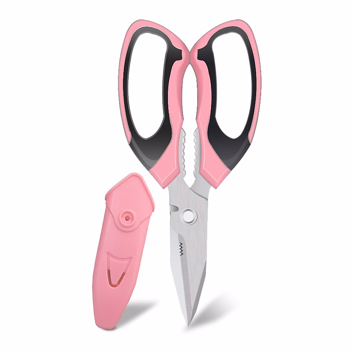 FTECYBO Scissors Heavy Duty 8'', Carpet Scissors, Multipurpose Scissors with Protective Cover, Stainless Steel Serrated Blades, Easy Cutting Cardboard, Leather, Fabric, Wires（PINK）