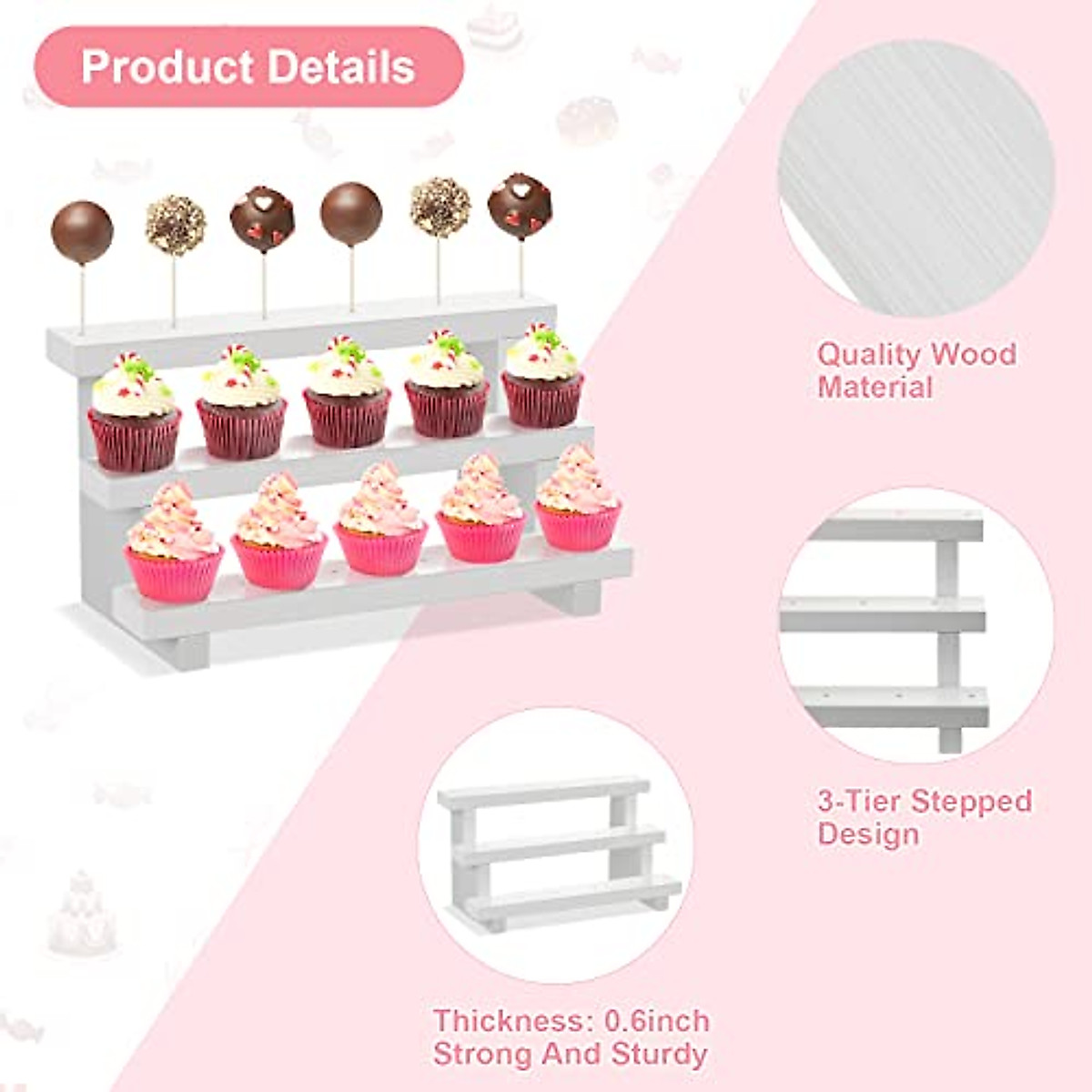 2 Pack Wood Cake Pop Stands Sucker Display 3 Tier Lollipop Holders with 100 Treats Bags 100 Lollipop Sticks 100 Gold Twist Ties for Dessert Table of Wedding Baby Shower Birthday Party (Wood)