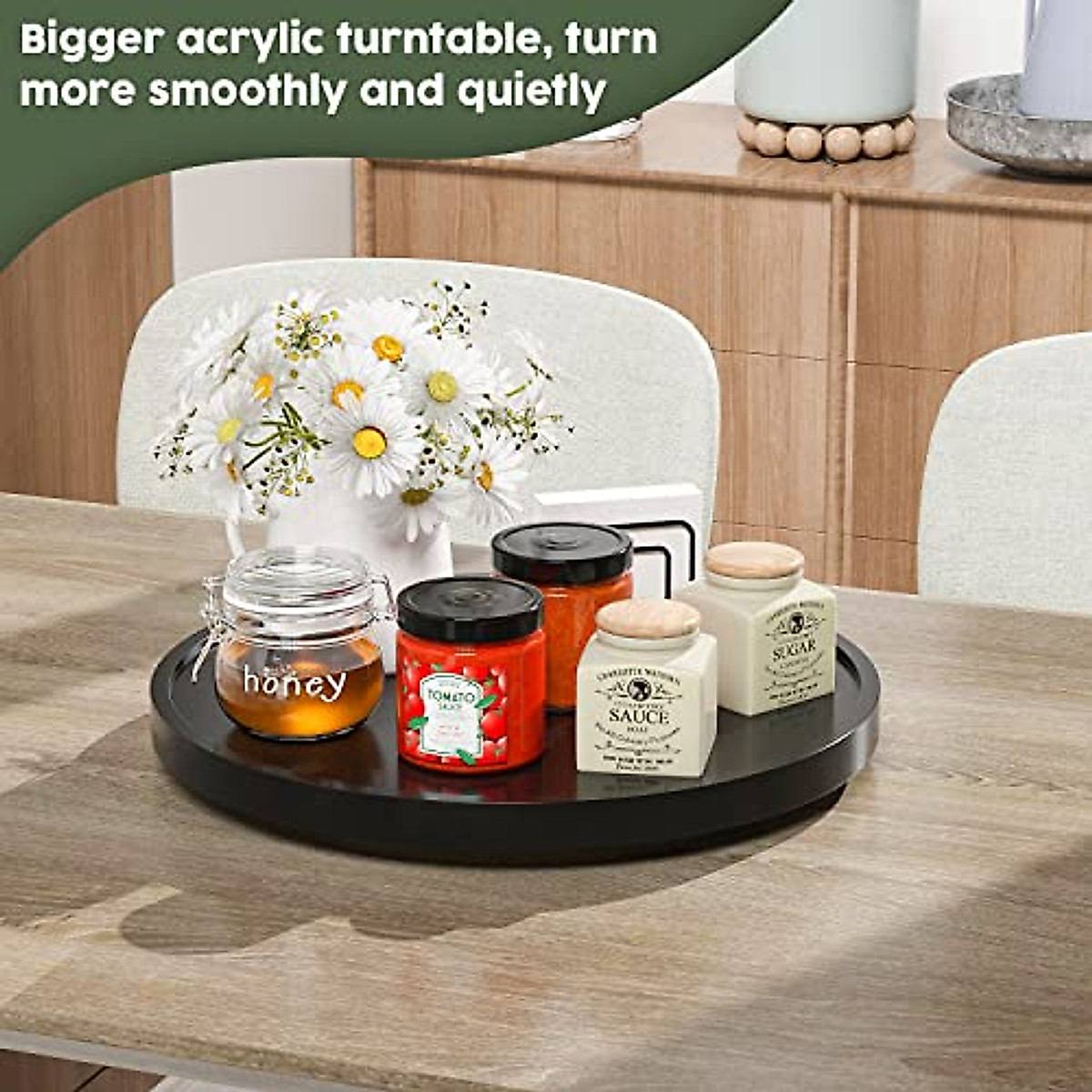 Lazy Susan Organizer, 13.2 Inch Non-Skid Bamboo Lazy Susan for Kitchen Table cabinets Closets and Kitchen Islands, Wood Turntable for Kitchen Countertop Organizer Black