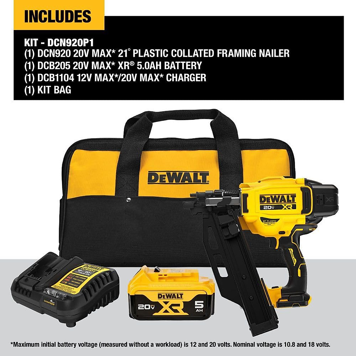 Dewalt DCN920P1 20V MAX Brushless 21-Degree Lithium-Ion Cordless Plastic Framing Nailer Kit (5 Ah)