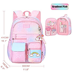 Kawaii Gradient Color Backpack for Girls Elementary School, Kids Cute Rainbow Book Bag, Women Casual Daypacks with Pendant
