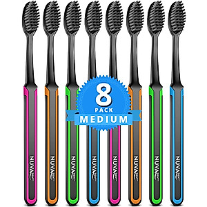 Nuva Dent Charcoal Toothbrushes Medium - Charcoal Toothbrush, Activated Charcoal Toothbrush Super Soft, Toothbrush Charcoal, Teeth Whitening Charcoal Tooth Brush - Adults & Kids - 8 pc, Medium
