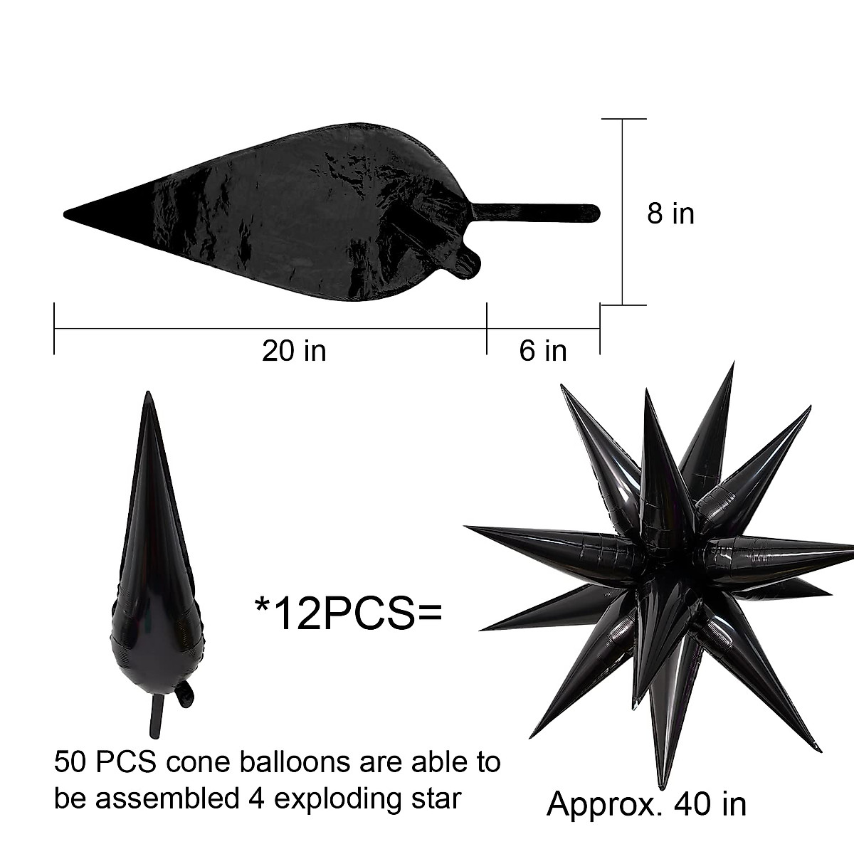 Maylai 50 PCS 40" Large Black Star Balloons Big Metallic Explosion Star Foil Balloons 12 Point Star Balloons Starburst Cone Mylar Balloons Spike Balloons for Birthday Christmas Party Decoration