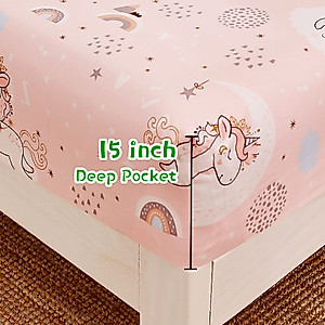JSD Pink Unicorn Kids Sheet Set Twin Size, 3 Piece Girls Rainbow Printed Microfiber Bed Sheets Deep Pocket