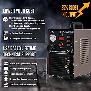 LOTOS LTPDC2000D Non-Touch Pilot Arc Plasma Cutter Tig Welder and Stick Welder 3 in 1 Combo Welding Machine,½ Inch Clean Cut,Brown
