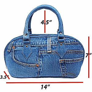 Bijoux De Ja Upcycling Blue Denim Trim Curved Shape Top Handle Handbag Purse (denim)
