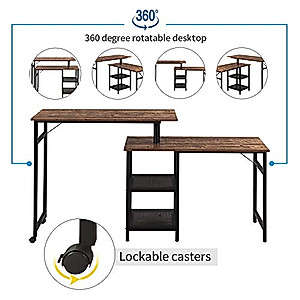 TITA-DONG L-Shaped Computer Desk,Industrial Office Desk with 2-Tier Storage Shelves,Multifunctional Adjustable Rotating Double Corner Computer Desk for Home Office