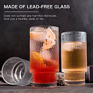 Claplante Drinking Glasses, Origami Style 8 pcs Glass Cups with straw, 4 Highball Glasses & 4 Rocks Glasses, Elegant Ripple Vintage Glassware, Iced Coffee Glasses, Ideal for Cocktail, Whiskey, Juice