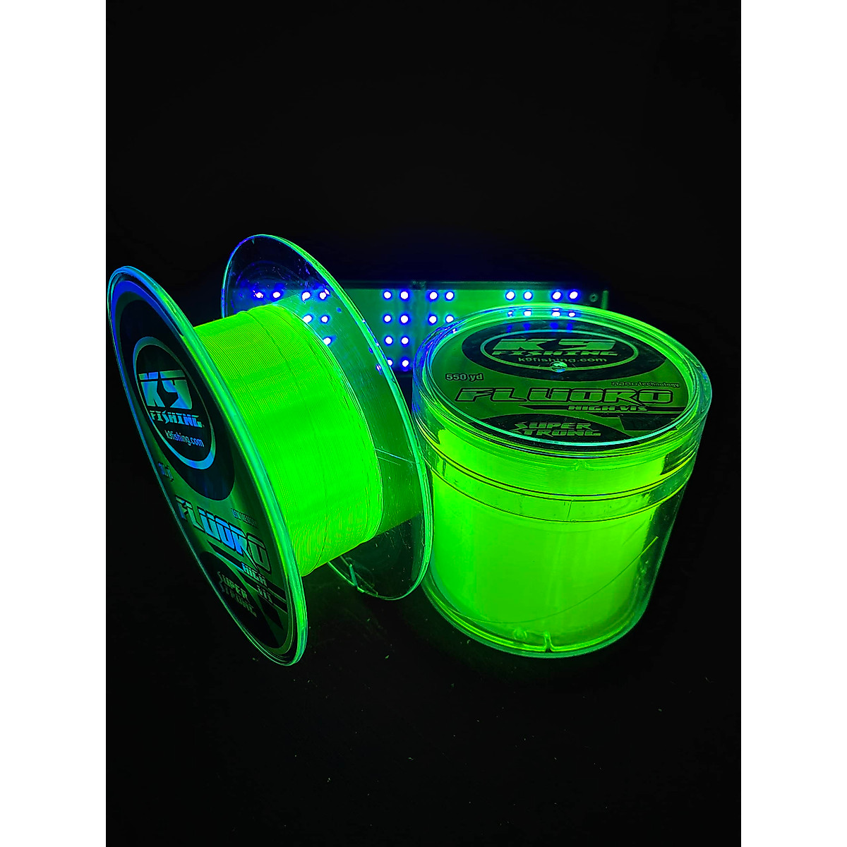 K9 Hi-Vis Fluoro Fishing Line — Ultra Low-Memory, Abrasion Resistant, Long-Casting — Glow Under Black Light, Chartreuse — Virtually Invisible Underwater — Great for Spinning Reels — 550 Yards, 6lb