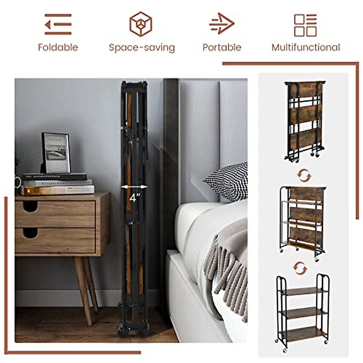 Giantex Foldable Storage Shelves with Wheels, No Assembly 3-Tier Rolling Cart, 2 of The Wheels Have Locks, Microwave Utility Cart Baker Rack, Portable Storage Rack w/Metal Frame, for Kitchen, RV