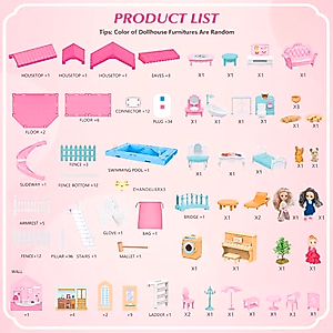 Doll House, Dream House for Girls 3 Stories 7 Rooms Dollhouses with 3 Dolls Toy Figures, Swim Pool, Slide, Furniture and Accessories, Pretend Playhouse Gift Toy for Kids Ages 3 4 5 6 7 8+