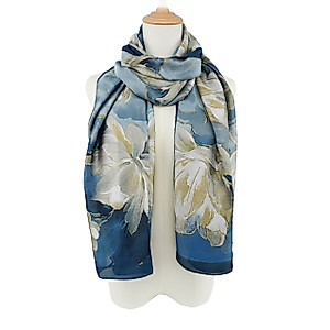YOUR SMILE Large Mulberry Silk Feeling Long Stain Scarf Lightweight Sunscreen Shawls Wraps for Women (03 Blue/Oil Paingting Flower)