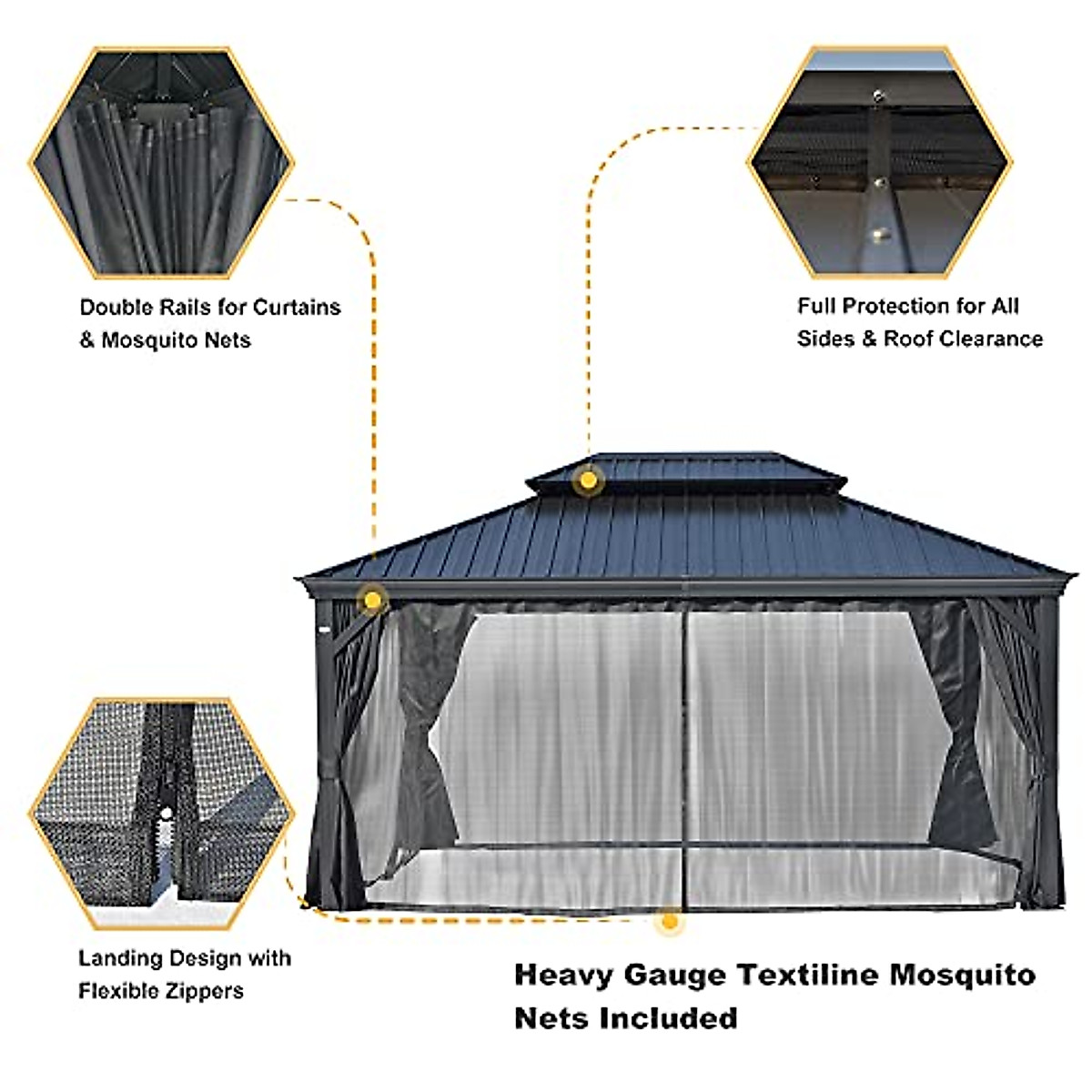 WeYard Hardtop Gazebo for Patios, Portofino 12’x16’, Permanent Alum-Frame & Steel-Structure Pergola, for Outdoor Relax/Grill/BBQ, with All-Sides Nettings, Curtains…