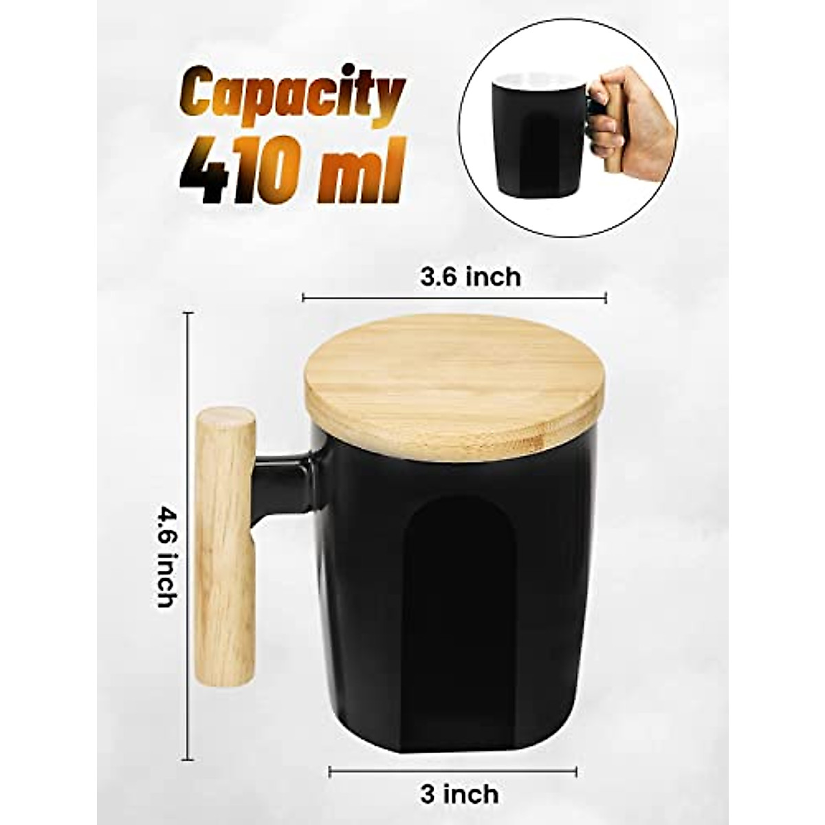 HOWAY Flat Bottom Mug with Wood Lid, Ceramic Tea Cup for Coffee Warmer, Flat Bottomed, Wooden Handle, 14oz
