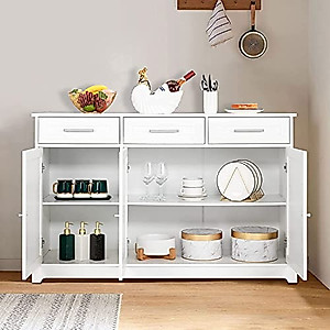 VINGLI Sideboard Cabinet Buffet Table Kitchen Storage Cabinet White Credenza Sideboards and Buffets with Storage Coffee Bar Cabinet with 3 Drawers and Doors for Home Kitchen, Dining Room, Living Room