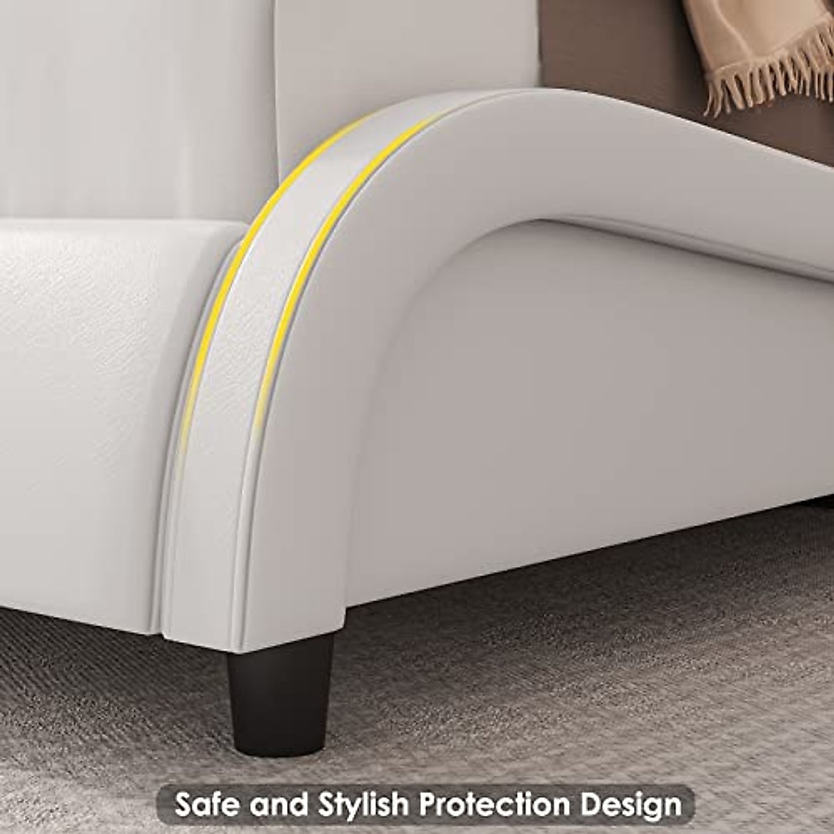 Keyluv Modern Upholstered Bed Frame with Adjustable LED Headboard, Pu Leather Platform Bed with Wave-Like Curve Design and Solid Wooden Slats Support, No Box Spring Needed, Noise Free, King, White