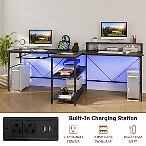 Giantex 94.5” 2 Person Desk with LED Lights, Long PC Study Desk with Storage Shelves, Power Outlets, Keyboard Tray & Monitor Stand, Double Computer Desk Workstation for Home Office (Black)