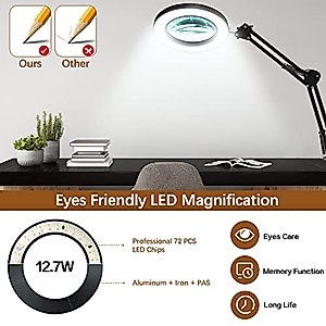 10X Magnifying Glass with Light, Lighted Magnifying Glass Magnifying Lamp 3 Color Modes Stepless Dimmable, 72 LEDs Real Glass Lens Magnifier with Light and Stand for Close Work, Repair, Reading, Craft