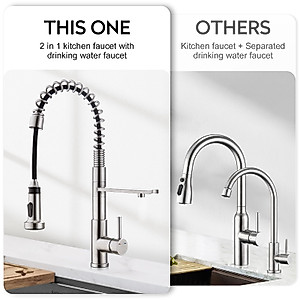 CREA 3 in 1 Kitchen Faucets with Drinking Water Faucet Spout,High arc Spring Gooseneck Commercial Single Handle Kitchen Faucet with Pull Down Sprayer,Water Filter Faucet for Kitchen Sink Bar RV Camper