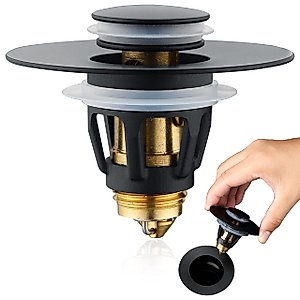 Universal 1.25" Bathroom Sink Stopper - Wash Basin Bounce Drain Filter, Pop Up Drain Stopper, Bullet Core Push Type Sink Stopper, Sink Drain Plug with Anti-Clogging Strainer, Matte Black1