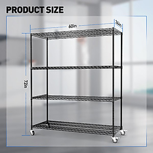 Rengue Wire Shelving with Wheels, 60"x 24"x72" Metal Storage Shelves, 4-Tier Heavy Duty Garage Storage Shelves, Chrome 2400LBS Capacity Wire Shelf Rack for Restaurant, Garage, Pantry, Kitchen