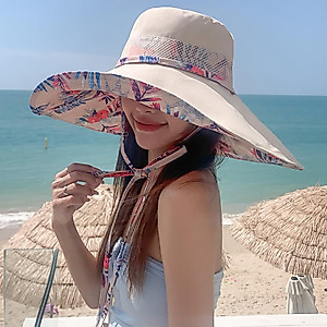 6" Extra Wide Brim Sun Hats UPF 50+ UV Protection Packable Beach Hat Strap Women (Beige)