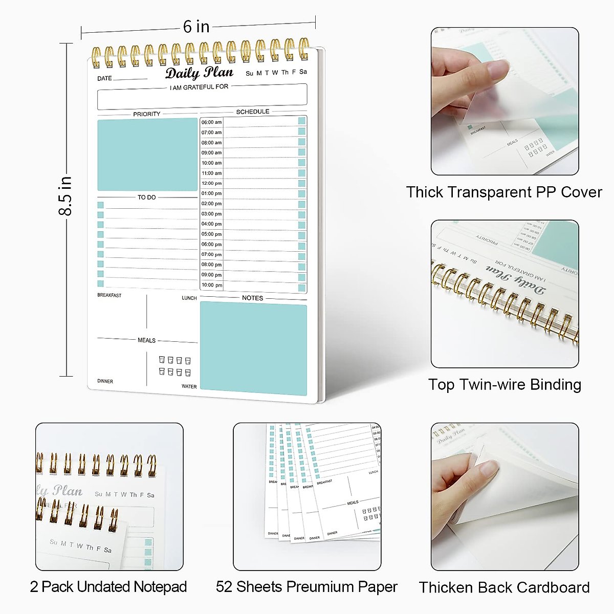 Daily Planner Notepad Undated To Do List Planning Pad Checklist with Hourly Schedule Calendars Meal, Spiral Appointment Organizers Notebook for Man/Women,52 Sheets (6"x8.5")2Pack