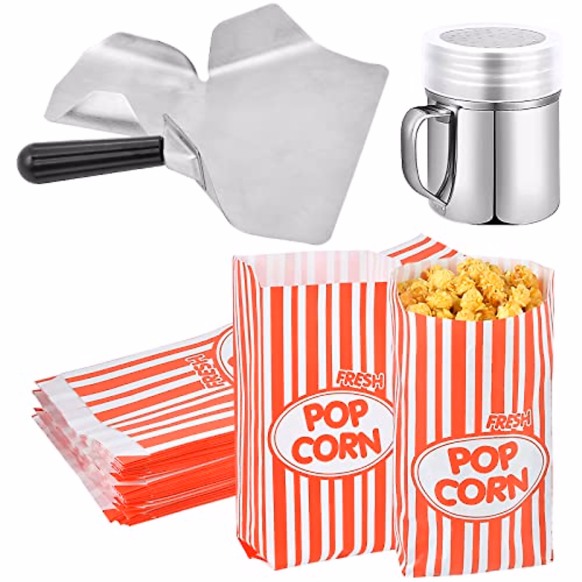 Elesunory 202Pcs Popcorn Machine Supplies Set- 1Pcs Kernel Sifting Speed Scoop 1Pcs Seasoning Dredge 200Pcs Popcorn Bags- Popcorn Kit for Commercial and Home Use (2 Oz)