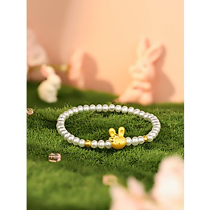 ZHOU LIU FU 24K Solid Gold Bracelets for Women, Stretchable Real Gold Rabbit Freshwater Pearl Bangle Charm Bracelets, Pure Gold White Pearls Bunny Bracelet