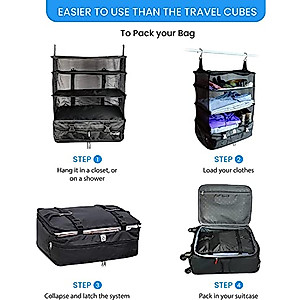 Grand Fusion Housewares Stow-N-Go Luggage and Travel Organizer, Travel Essentials, Hanging Packing Cubes With Hanging Shelves And Laundry Storage Compartment, Black