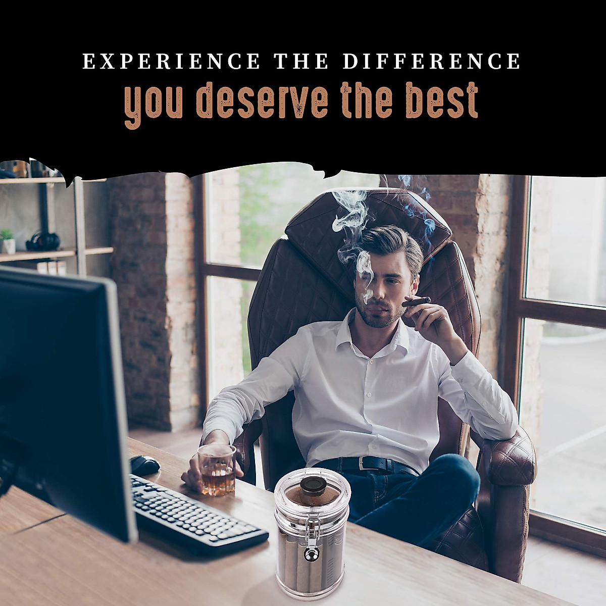 Mantello Cigar Humidor Jar- Acrylic Humidor with Hygrometer for Cigar Humidor, Airtight Lid & Humidifier- Acrylic Humidors for Cigars with Cedar Wood Lining, Holds 18 Cigars